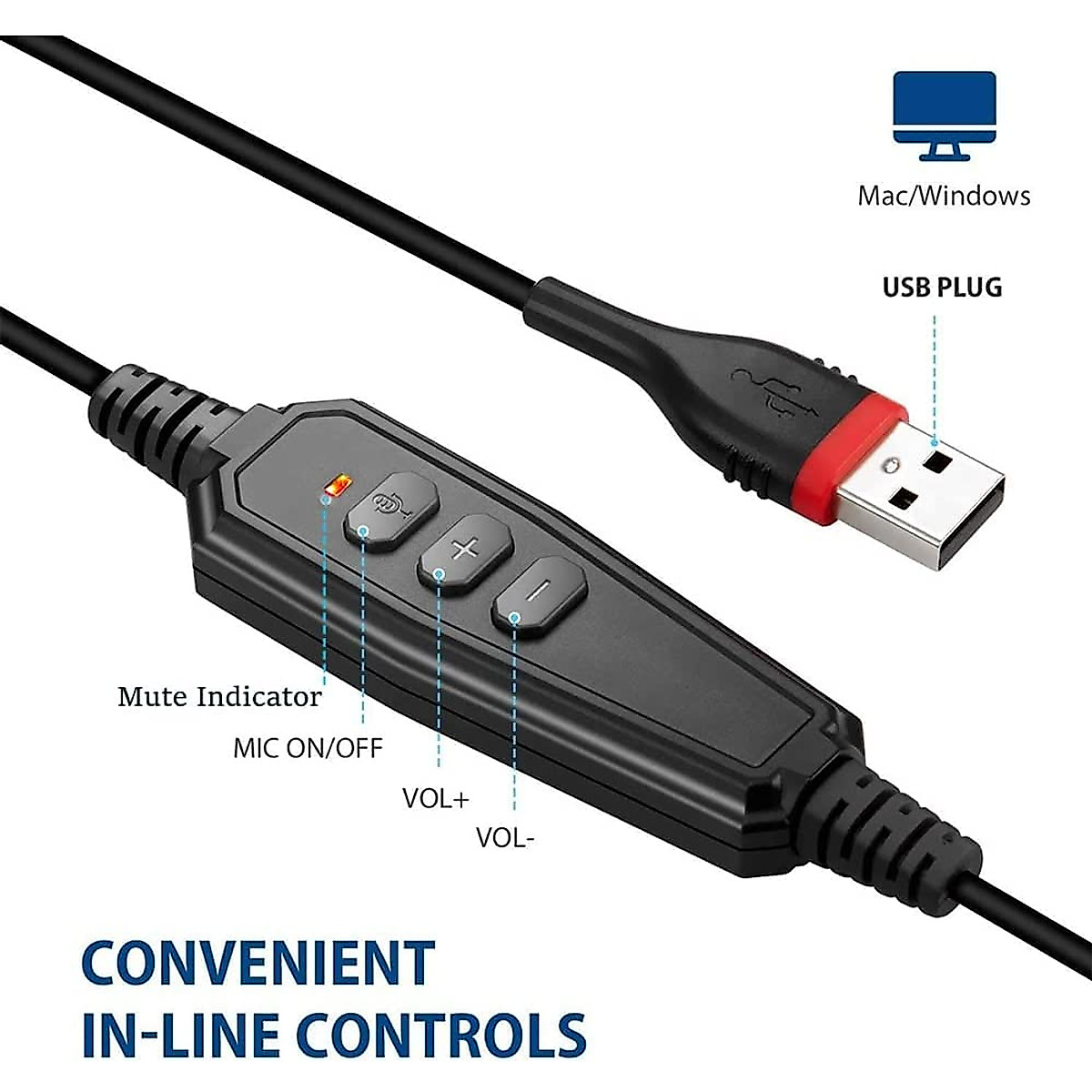 Arama USB Headset with Microphone, Computer Headset with Noise Cancelling Mic, Ultra Comfort HD Stereo Sound Wired Headphones with in-Line Controls for PC Laptop Home Office Skype Zoom UC Call Center
