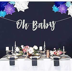 Inkdotpot Oh Baby Pre-Assembled Cursive Bunting Flags Metallic Silver Baby Shower Decor Gender Reveal Bunting Banner