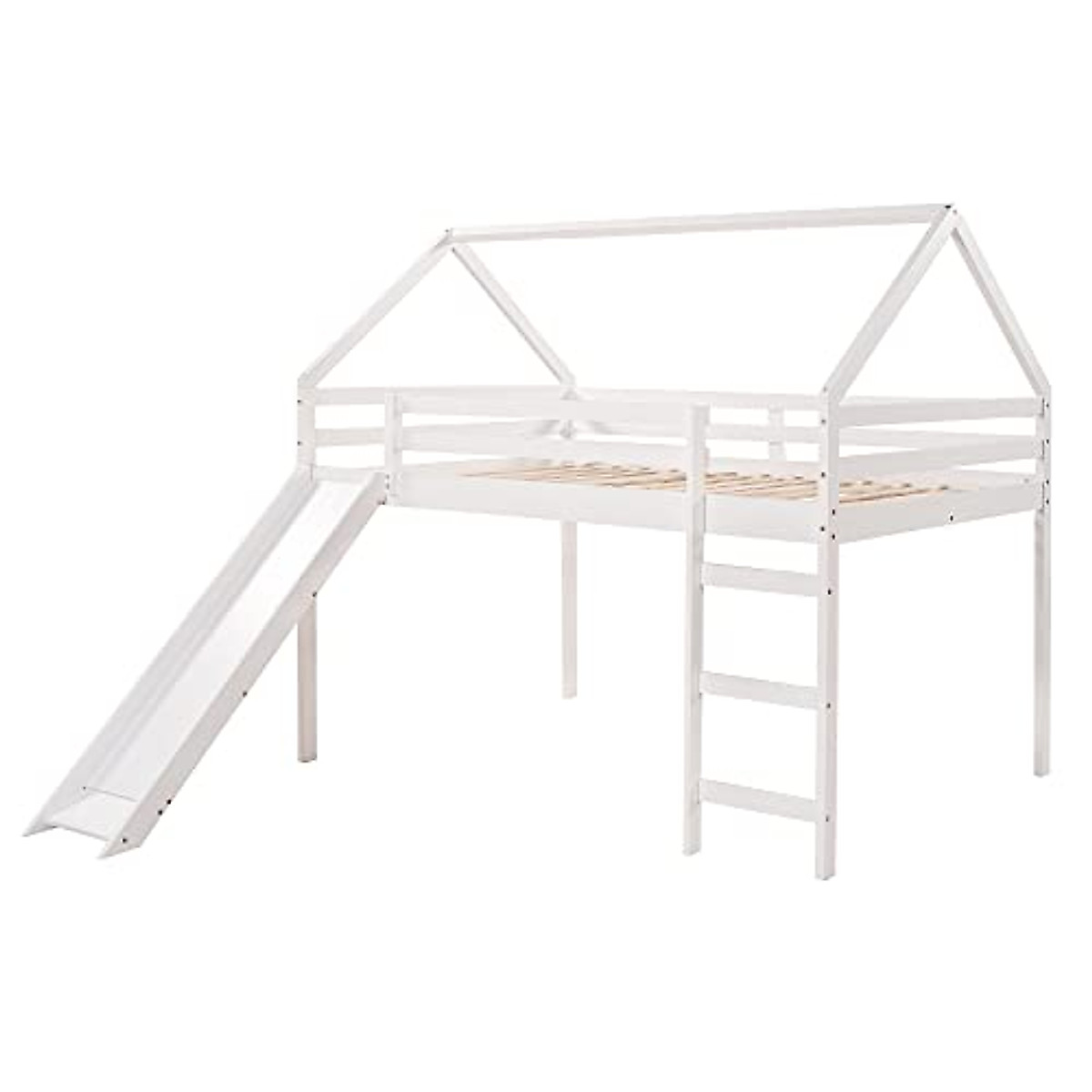 HYC Full Size Loft Bed with Slide, Wood Loft Bed Full with Playhouse Design, Kids House Loft Bed Frame for Boys Girls,White
