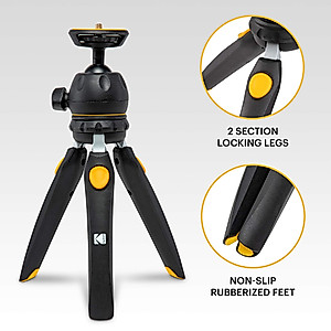 Kodak Mini Tripod for Luma 75, Luma 150, Luma 350 with 360° Ball Head, Adjustable Compact 9” Tabletop Tripod, 5-Position Legs, Rubber Feet, Remote Control, Smartphone & Action Camera Adapters Included