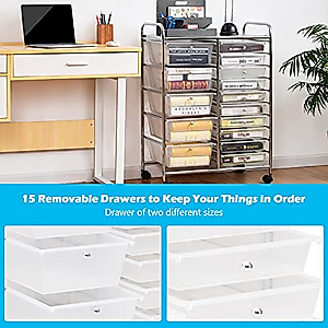 KOTEK 15-Drawer Rolling Storage Cart, Multipurpose Mobile Utility Cart with 4 Wheels, Home Office School Tools Scrapbook Paper Organizer (Clear)