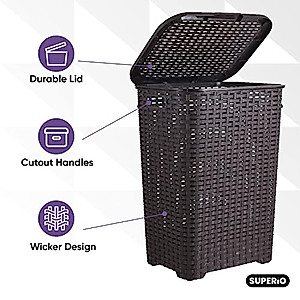 Superio Laundry Hamper Basket With Easy Open Lid 60 Liter Brown, Large Wicker Hamper, Dirty Cloths Storage With Two Cutout Handles, Laundry Room Bin 1.70 Bushel