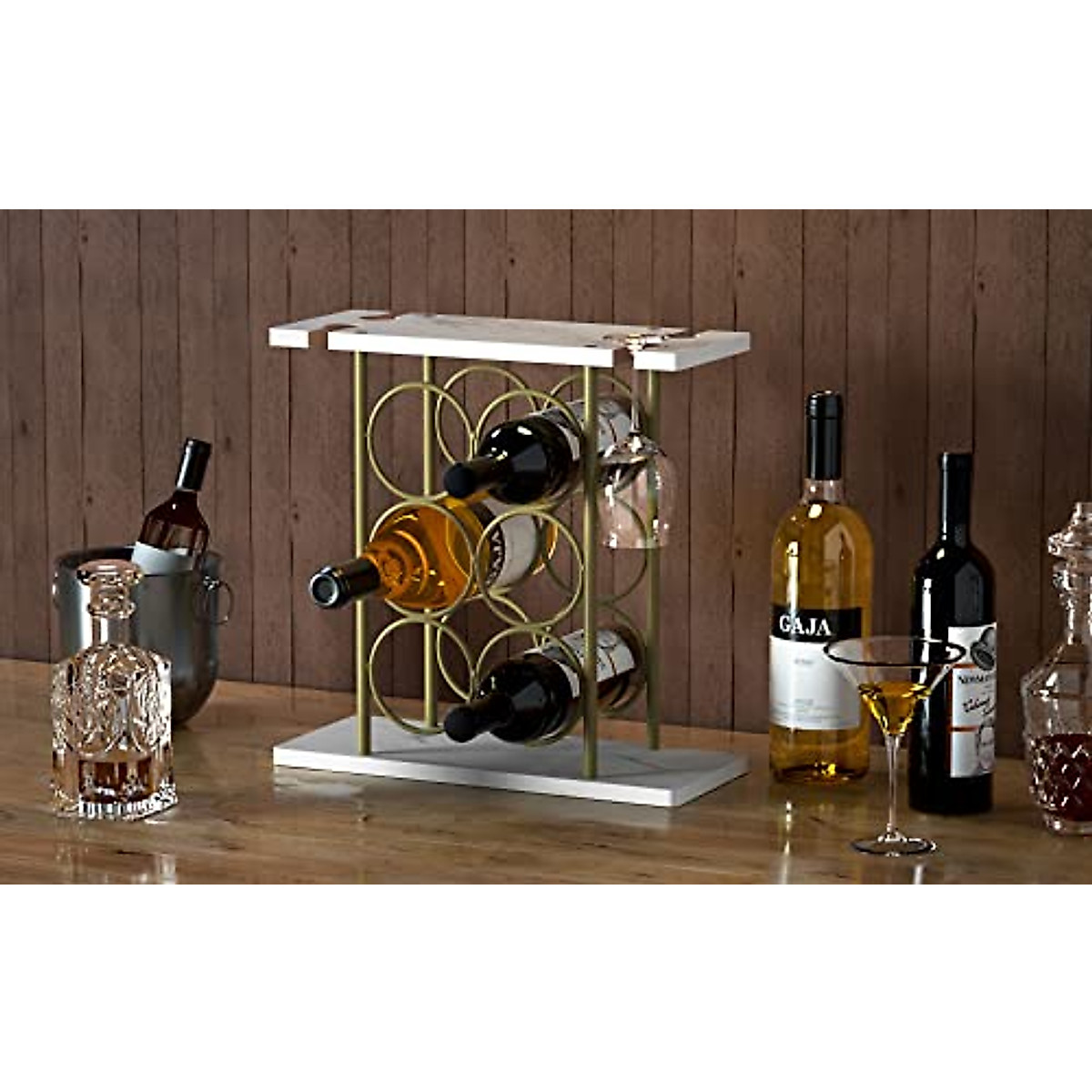 LAPEPI Wine Rack with Glass Holder, Gold Frame,Countertop Wooden Wine Rack,Holds 6 Bottles and 4 Glasses freestanding Floor, Decorative Wine Storage Rack