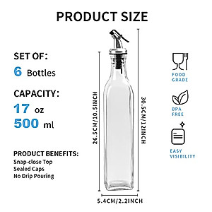 YULEER Olive Oil Bottle Dispenser, 6 Pack 17oz / 500ml Glass Oil and Vinegar Dispenser, Oil Bottles for Kitchen with Airtight Nozzle Plug & Pouring Spouts