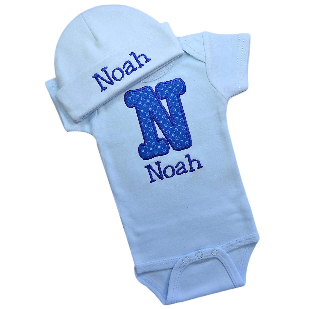 Funny Girl Designs Personalized Embroidered Baby Boys Bubble Initial Bodysuit with Matching Cotton Beanie Hat - Your Custom Name (Royal Blue Dot)