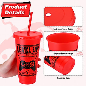 Mifoci Gaming Party Favor Video Game Plastic Reusable Cute Cups with Lids and Straws Gamer Tumbler Iced Coffee Travel Mug Water Bottle for Adult Kid Game Birthday Party Supplies(24 Pcs)