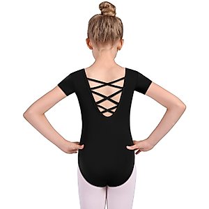 MOLLDAN Girls Dance Ballet Leotards Short Sleeve Criss Cross Straps Back(2QT5027-06-XXL)
