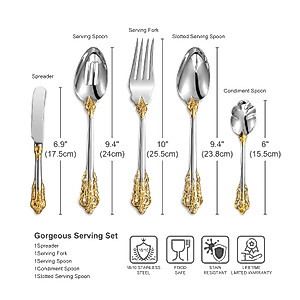 KEAWELL Gorgeous 5-Piece 18/10 Stainless Steel Hostess Serving Utensil Set, Dishwasher Safe, Gold Accent