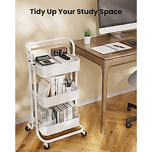 3 Tier Mesh Utility Cart, Rolling Metal Organization Cart with Handle and Lockable Wheels, Multifunctional Storage Shelves for Kitchen Living Room Office by Pipishell White