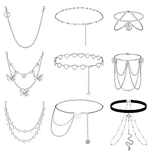 ORAZIO Jeans Chains Belly Waist Chain Sexy Belt Pants Chain Silver Gold Plated Body Chain for Women Mental Butterfly Heart Pocket Wallet Chain Jewelry Snake Leg Chain Multi Layer Adjustable Arm Cuff