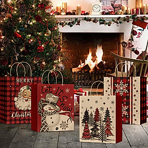 Horaldaily 24 Christmas Gift Paper Bags Bulk with handles Wrapping, Buffalo Plaid Santa Christmas Trees Snowman Xmas Holiday Presents(24 Large)