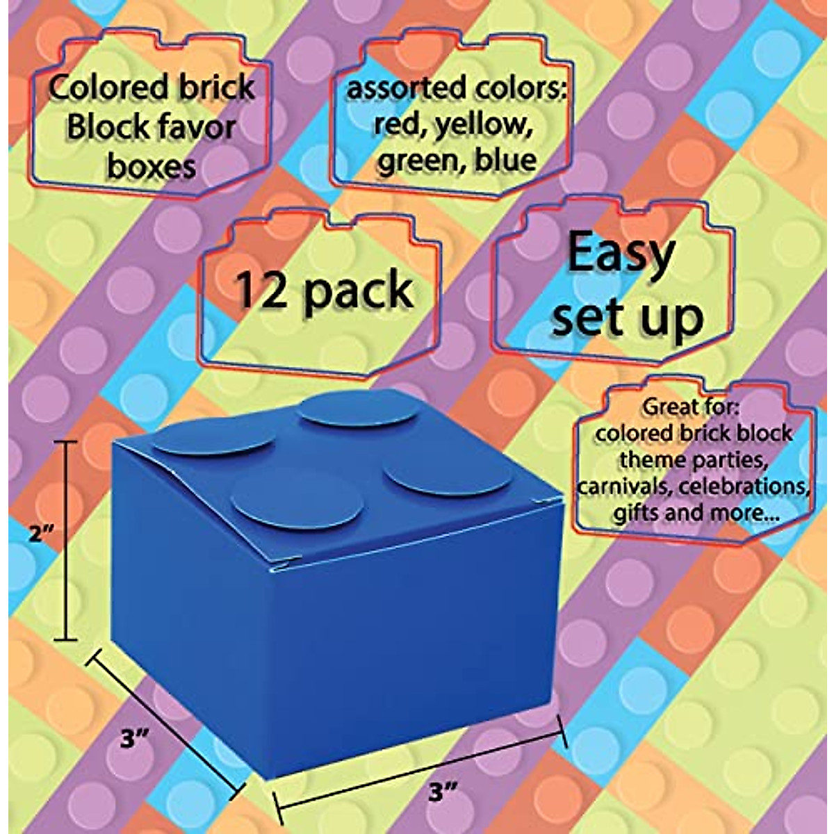 Brick Party Favor Boxes - Building Block Party Supplies - 12 Cardboard Brick Paper Box - Colored Block Gift Goodie Candy Treat Box/Party box for Block Themed Birthday Party/ Baby Shower Block party