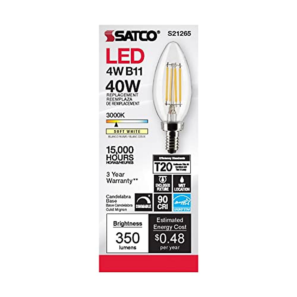 Satco S21265/06 4-Watt LED E12 Light Bulbs, 3000K, 15000 Hour Rating, Dimmable, 6 Pack