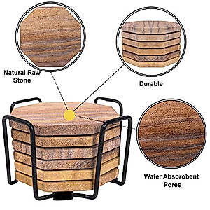 Marbco Sandstone Water Absorbent Hand Crafted Octagon Coasters for Drinks- Set of 6 - 4 inches Wide Thirsty Stone bar/Drink Coasters Made from Real Solid Stone (Without Holder, Set of 6)