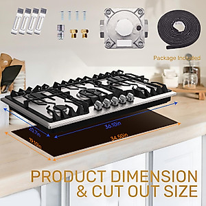 TOPWISH 36" Built-in Gas Cooktop, 5 ITALY SABAF Sealed Burners Gas Rangetop 41,800BTU, NG/LPG Convertible, Stainless Steel Burner Gas Stovetop with Thermocouple Protection,120V AC. (36 inch)