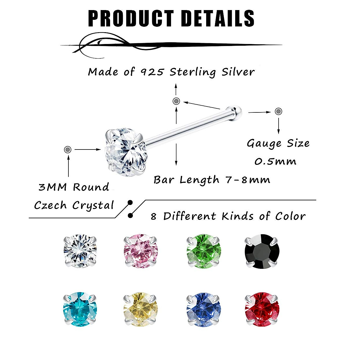 Sllaiss 8Pcs 22G Sterling Silver Nose Rings Studs Pin for Women Men 3MM Mix Color Round Czech Crystal Nose Body Piercing Jewelry