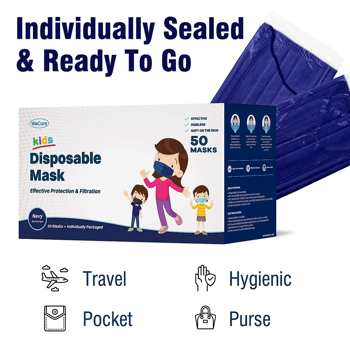 WECARE Disposable Face Masks For Kids, 50 Navy Face Masks, Individually Wrapped