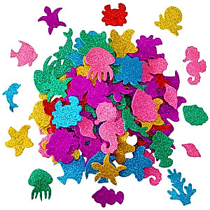 Glitter Colorful Sea Animals Shapes Foam Stickers Self Adhesive Kid's Arts Craft Supplies for Greeting Cards DIY Scrapbooking Cards Wall Creative Toys Home Decoration (Random Colors)