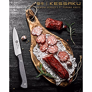 KESSAKU 3.5-Inch Paring Knife - Senshi Series - Forged Japanese AUS-8 High Carbon Stainless Steel - Carbon Fiber G10 Handle with Sheath