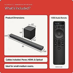 VIZIO M-Series 2.1 Immersive Sound Bar with 5 High-Performance Speakers, Dolby Atmos, DTS:X, Wireless Subwoofer and Alexa Compatibility, M215aw-K6, 2023 Model
