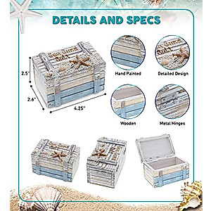 CoTa Global Coastal Horizon Wooden Jewelry Box - Handcrafted Nautical Trinket with Seashell and Starfish Decorations, Accent Tabletop Home Decor, Jewelry Storage - 4.25 Inch