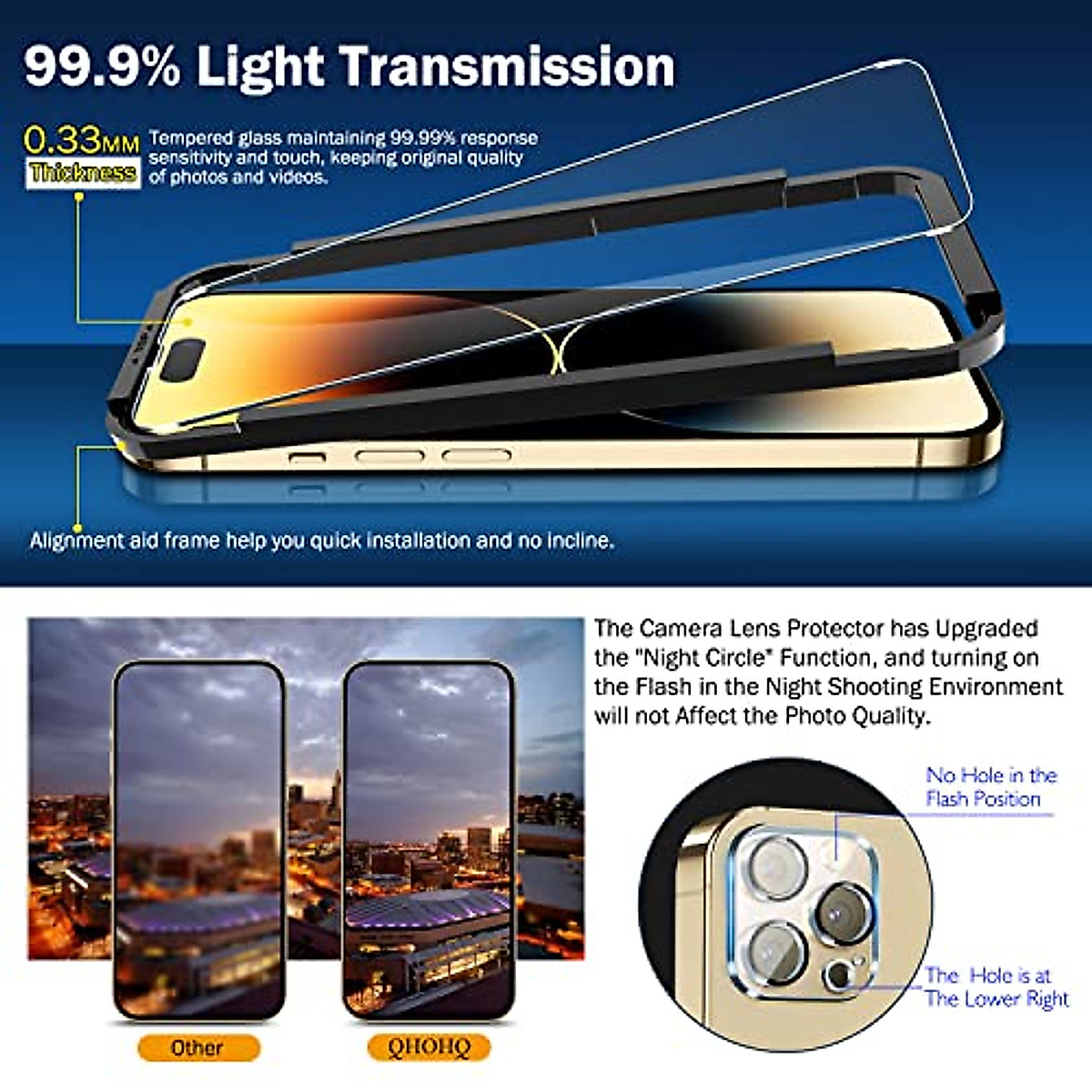 QHOHQ 3 Pack Screen Protector for iPhone 14 Pro 6.1 Inch with 3 Pack Tempered Glass Camera Lens Protector, Ultra HD, 9H Hardness, Scratch Resistant, Case Friendly