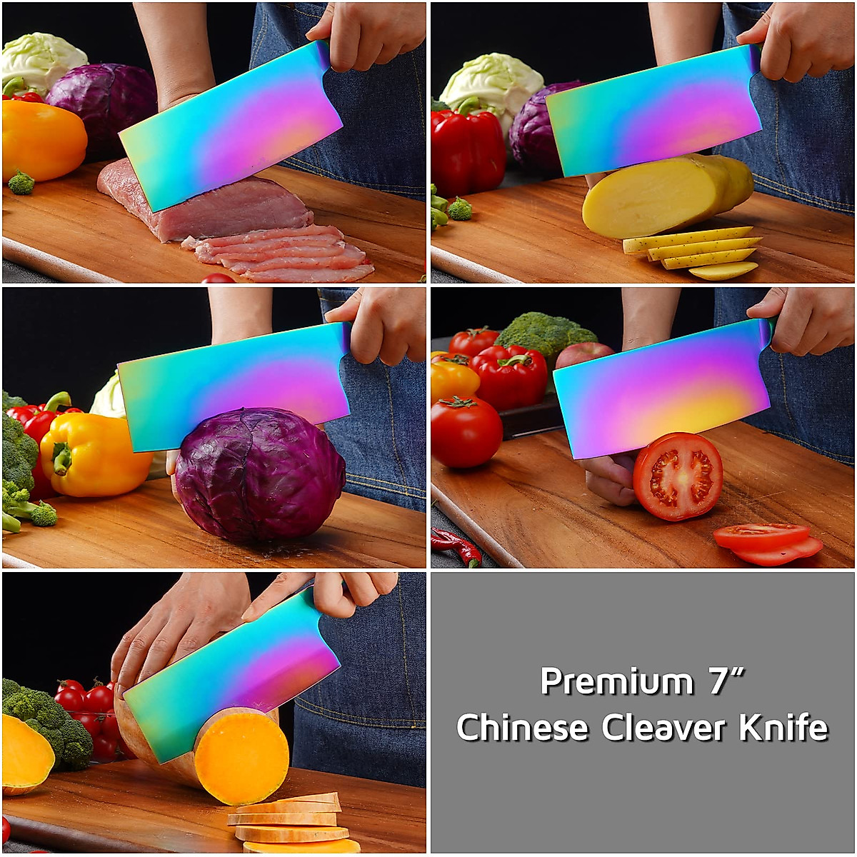 WELLSTAR Rainbow Meat Cleaver, 7 inch Iridescent Chinese Meat Vegetable Butcher Knife, Super Sharp German High Carbon Stainless Steel Chef’s Kitchen Knife with Ergonomic Handle for Home Restaurant