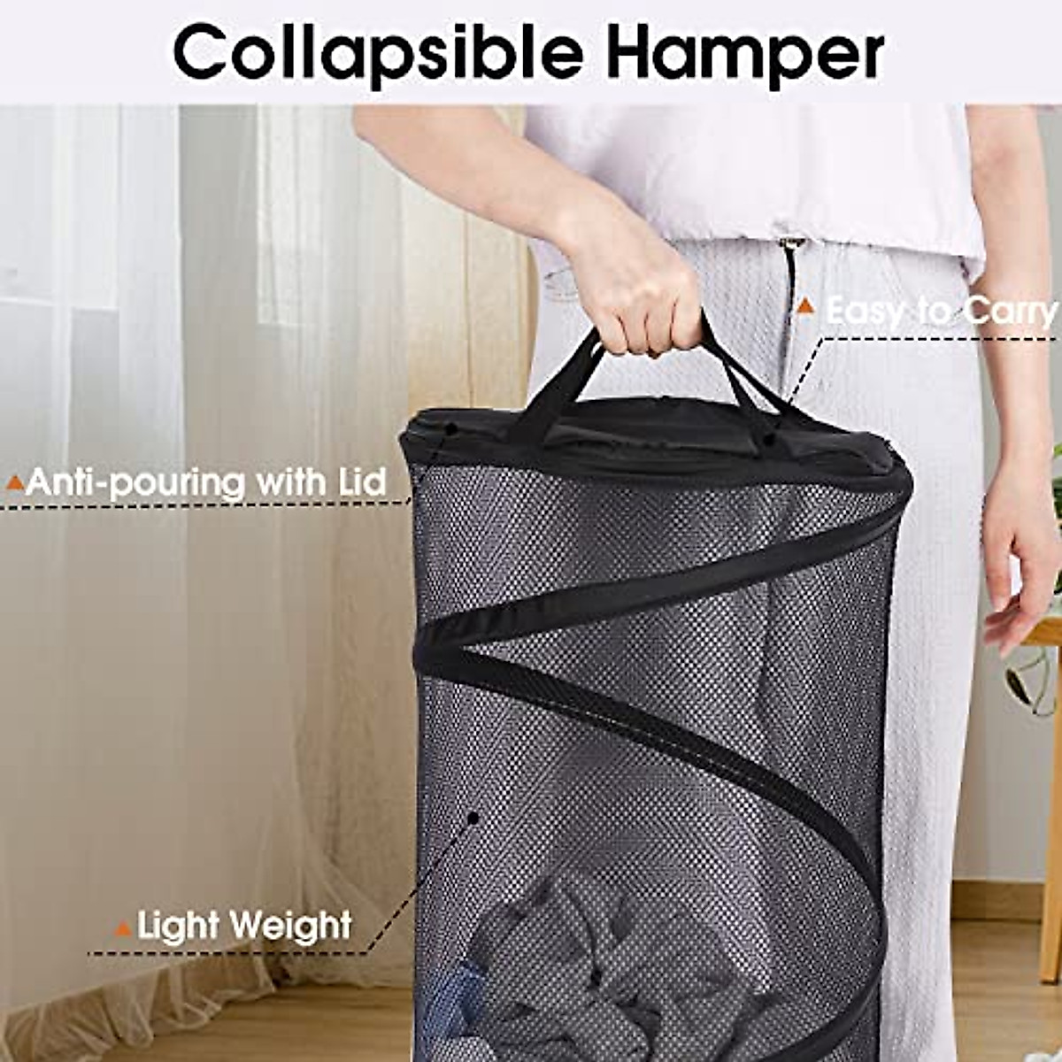 BATTOO Large Collapsible Laundry Basket with Lid Foldable Mesh Pop Up Hamper with Handles for Laundry Room, Bathroom, Kids Room, College Dorm, Travel, Storage Organizer Black