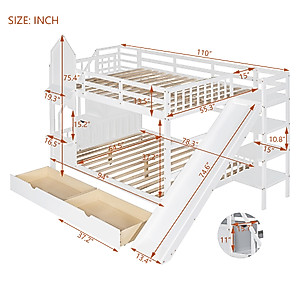 BIADNBZ Full Bunk Bed with Storage Stairs and Slide, 2 Drawers&3 Shelves, Multifunctional Wooden Low Bunkbed Frame, for Kids Teens Boys Girls Bedroom, White