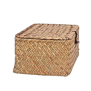 Seagrass Storage Basket, Rectangular Seagrass Basket, Natural Seagrass Storage Basket Woven Rectangular Shelf Basket Bins with Lids Desktop Organizer Wicker Baskets for Organizing(M)