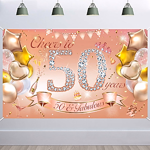 HOWAF Woman 50th Birthday Party Decoration Rose Gold, Fabric Banner for 50th Birthday Photo Backdrop Photography Background, 50th Birthday Outdoor Garden Table Wall Decoration Supplies