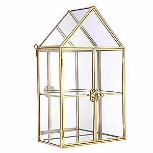 ELLDOO 2 Tier Clear Glass Storage Box, Gold Mirrored Jewelry Makeup Display Organizer Case, Decorative Tower box Storage for Trinket Perfume Lipstick Figure Statue Toy Display, House Shape