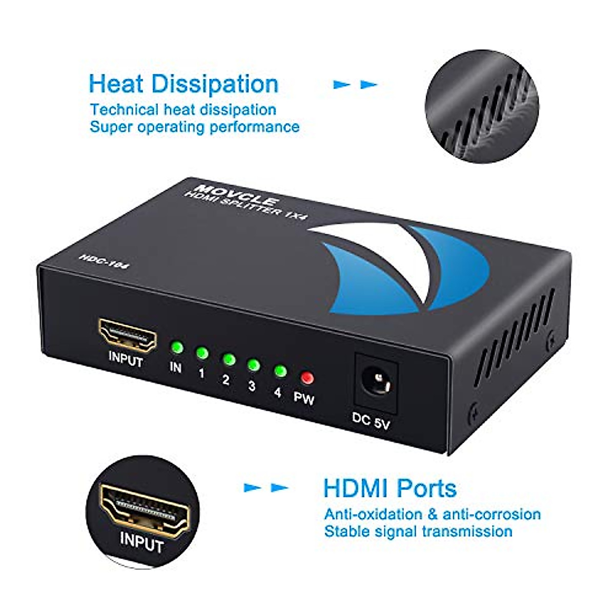 HDMI Splitter 1 in 4 Out 1x4 Ports v1.4 Powered 4K/2K Full Ultra HD 1080p US Adapter 3D Support