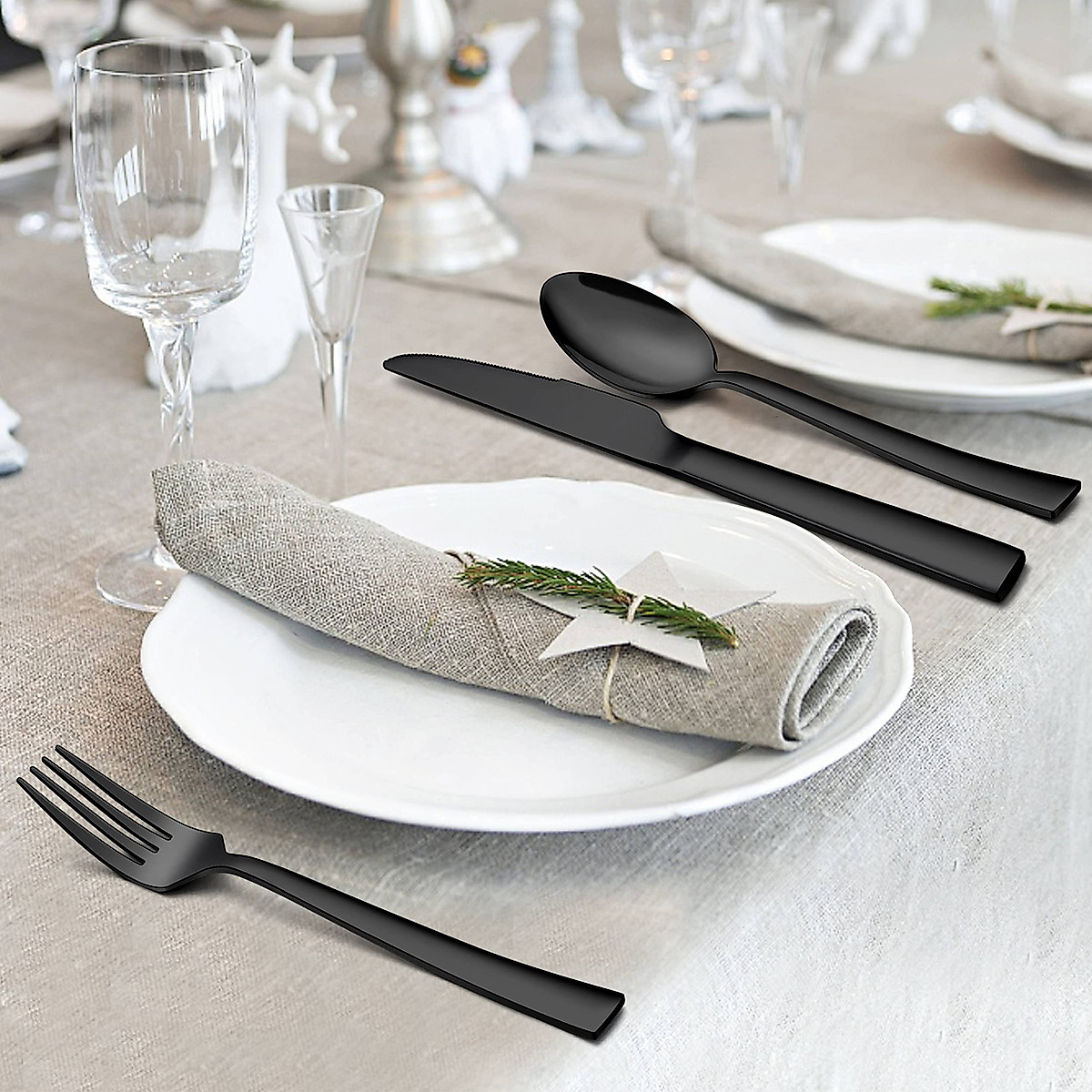 Homikit 66-Piece Shiny Black Silverware Set with Serving Utensils, Stainless Steel Square Flatware Cutlery for 12, Home Restaurant Eating Utensils with Fork Spoon Knife, Mirror Polish, Dishwasher Safe