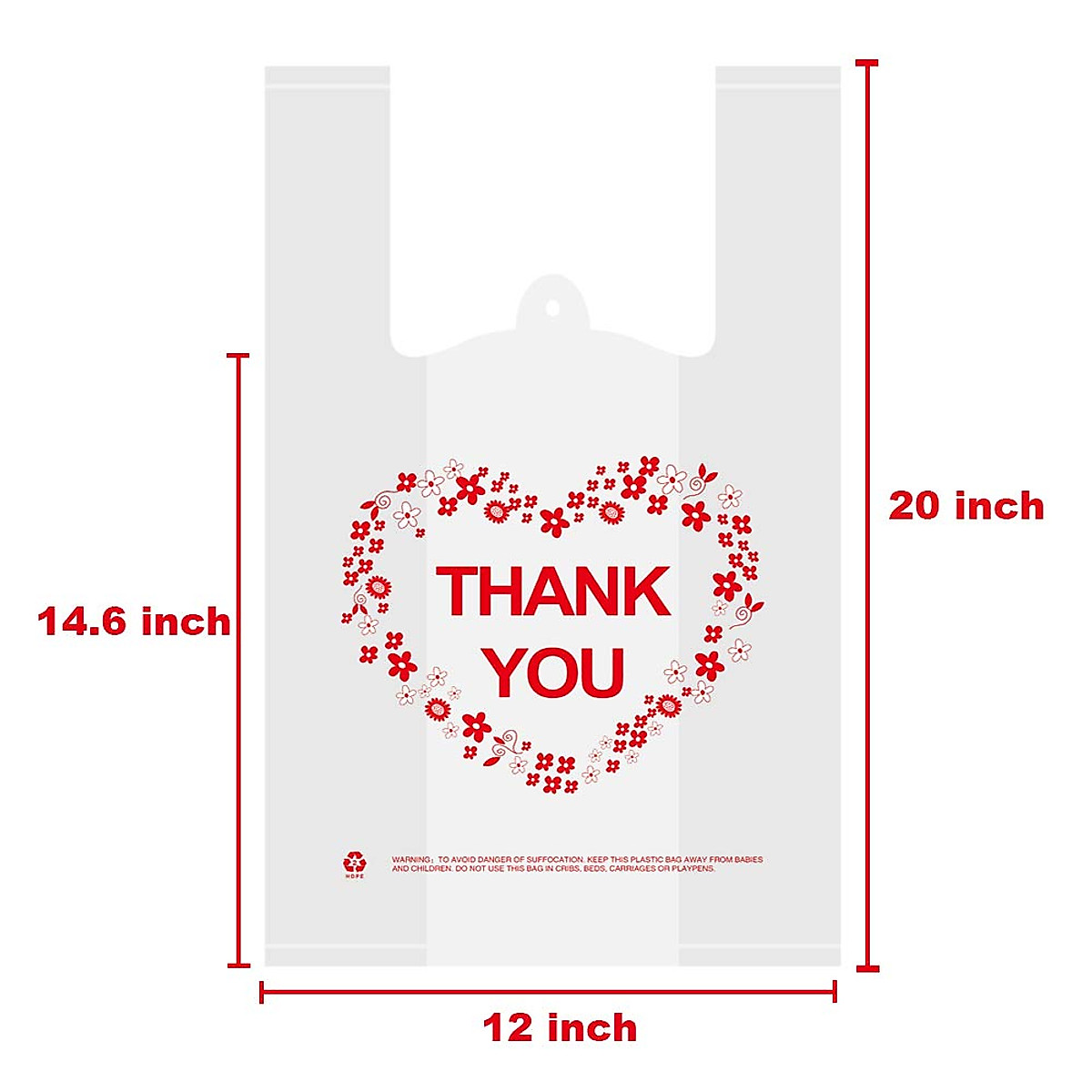 LazyMe Thank you T Shirt Bags, Bolsas De Plastico Para Negocio, White Plastic Grocery Bags with Handles, Standard Supermarket Size, 12 x 20 Inches (50 pcs)