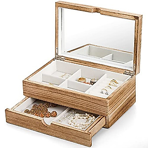 Frcctre Jewelry Box Organizer for Women, 2 Layer Wooden Jewelry Box with Mirror, Vintage Jewelry Storage Organizer Case Rustic Display Case for Earrings Rings Necklaces Bracelets