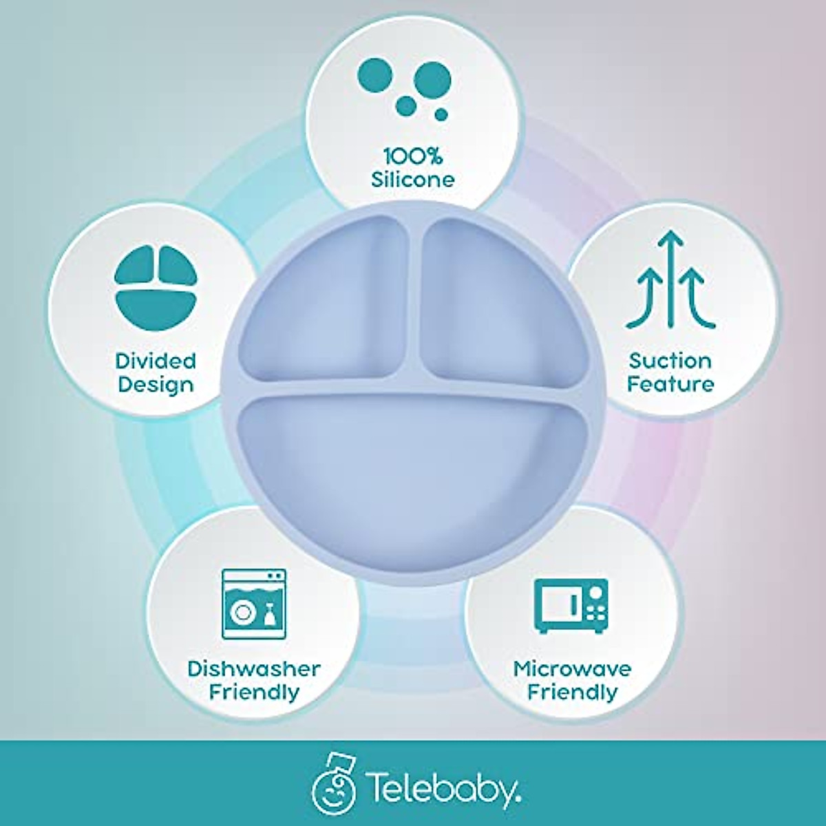 Telebaby Suction Plates for Babies & Toddlers | 100% Silicone with Divided Design | Suction Feature Keeps Plates in Place | Dishwasher & Microwave Safe | 4 Pack