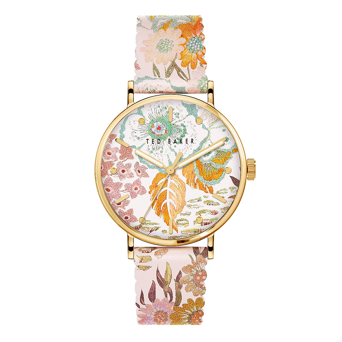 Ted Baker Women's Stainless Steel Quartz Leather Strap, 18 Casual Watch (Model: BKPPHS2359I), Gold/Pink Floral
