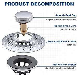 Upgraded Tub Stopper with Hair Catcher - 2 in 1 Pop Up Bathtub Stopper, Brass Tub Drain Stopper with Anti-Clogging Strainer, Tub Drain Plug with Metal Hair Trap, Only Fit for 1.65-2 Inch, Chrome