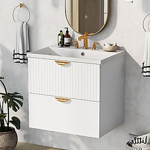 Appot WF311074AAK Modern 24-Inch Wall-Mounted Bathroom 2 Drawers, Bath Room Vanities with Ceramic Basin Sink (Faucet Not Included), White
