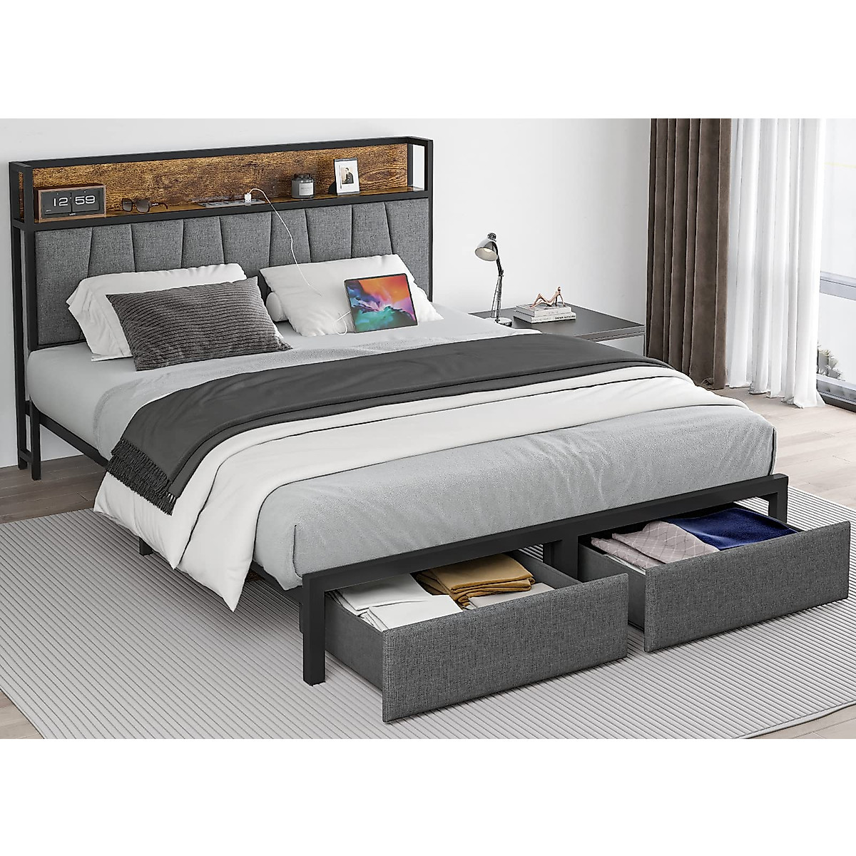 CIKUNASI Full Size Bed Frame with Headboard and Storage, Drawers Platform Bed Frame with Storage Chargin Station LED Light Bedframe, Heavy Duty, No Box Spring Needed