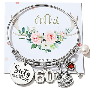 Miss Pink 60th Birthday Jewelry Gifts for Women Stainless Steel Expandable Bangle 60 Year Old Charm Bracelets for Daughter Granddaughter