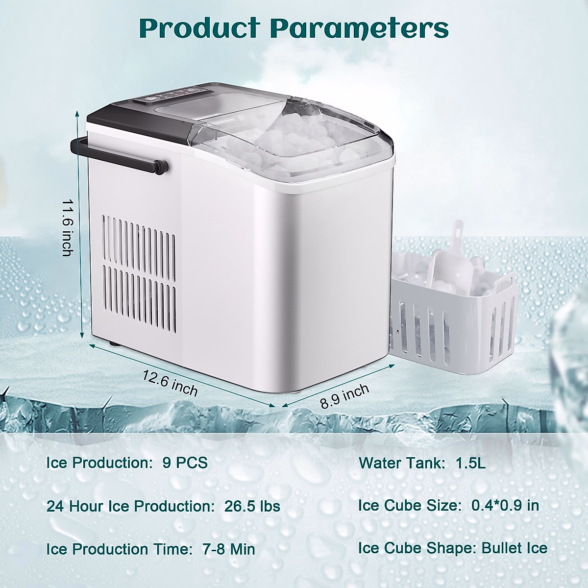 rosmena Bullet Ice Maker, 26.5 lb/24H Counter Top Ice Maker with Self-Cleaning Function, 9 Cubes Ready in 7-8 Mins, Portable Ice Maker Suitable for Home, Office, Kitchen, RV