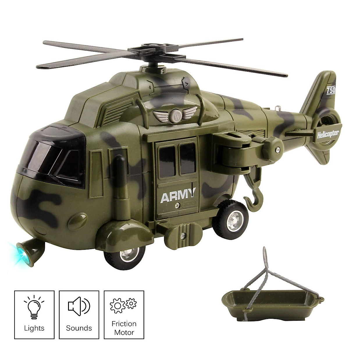 Vokodo Military Helicopter 11" With Lights Sounds Push And Go Includes Rescue Basket Durable Toy Friction Power Kids Army Soldier Chopper Pretend Play Truck Great Gift For Children Boys Girls Toddlers