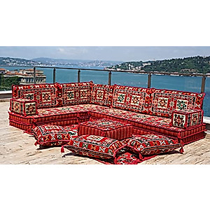 Corner Floor Seating, L Shaped Sofa Set,Turkish Sofa Set, Floor Couch, Oriental Floor Seating, Seating Sofa, Ethnic Sofa,Bohemian Furniture (L Sofa + Rug + Poufs)