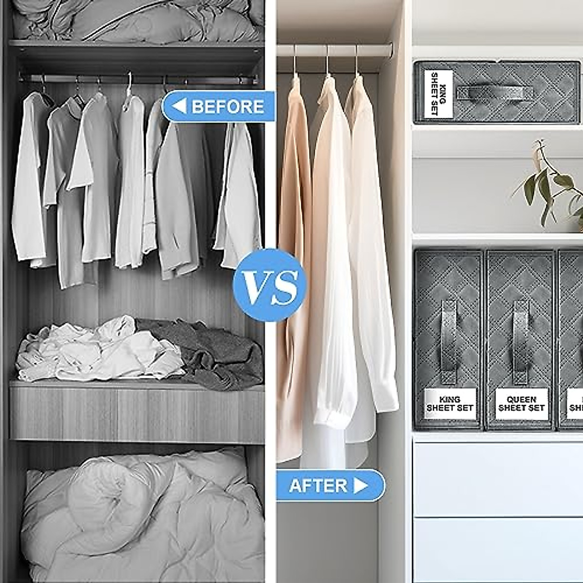Erarrow Foldable Bed Sheet Set Organizer, Storage Box for Duvet Cover Set with Clear Window and Handles, Linen Closet Organizer for Bedding Clothes Blankets, 2 Pack (Queen or King Size),Dark Grey