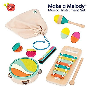 B. toys- Make a Melody- 9pc Wooden Musical Instruments – Xylophone, Tambourine, Harmonica – Drawstring Storage Bag – 2 Years +