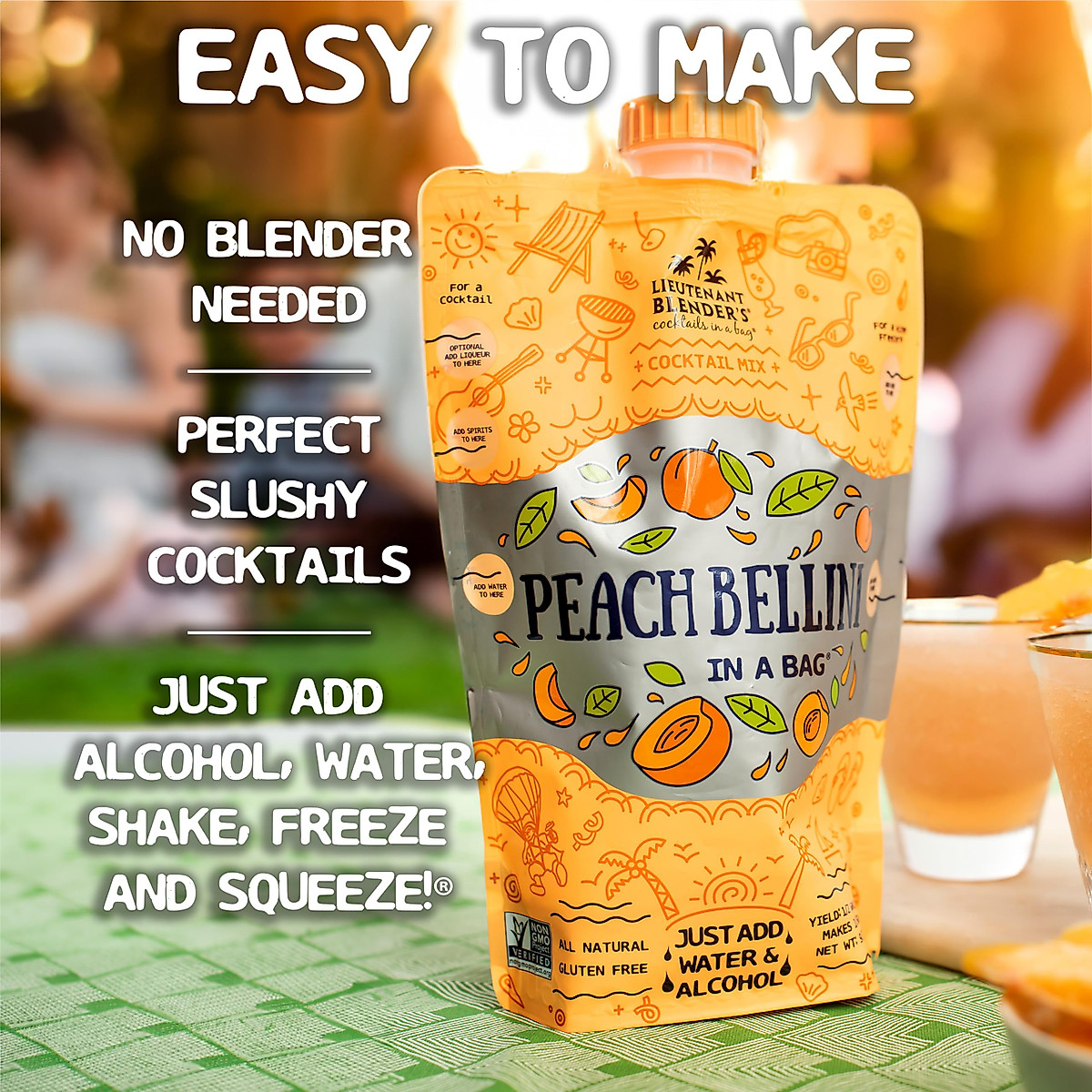 Lt. Blender's Peach Bellini in a Bag - Wine Slushie Mixes - Each Bag Makes 1/2 Gallon of Frozen Peach Bellini Mix – Non-GMO Wine Freezer mix - Make with Wine, Liquor or as a Mocktail - (Pack of 3)