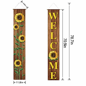Funnytree Fall Summer Sunflower Brown Wood Texture Porch Sign Welcome Autumn Spring Floral Yard Door Banner Polyester Seasonal Decorations Windproof Backdrop Birthday Baby Shower Party Supplies 2pcs