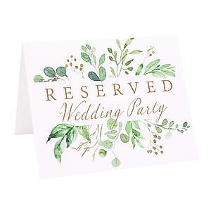 Reserved Wedding Table Sign | Set of 6 Watercolor White and Gold with Eucalyptus Greenery Signs Including Seating for Bride's Family Groom's Family and Wedding Party | Freestanding Double Sided